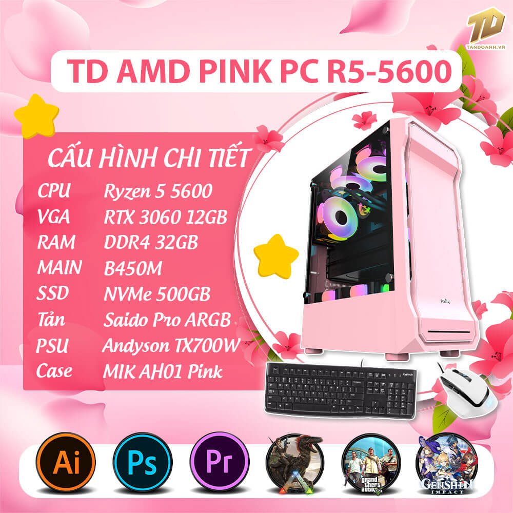 TD AMD PINK PC (R5-5600, RTX3060 , B450M, 32GB DDR4, SSD 500GB) | Giá ...